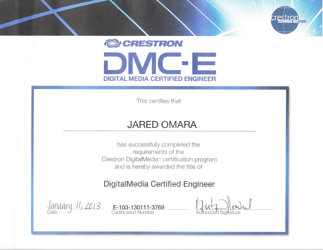 Crestron Digital Media Certified Engineer Certificate