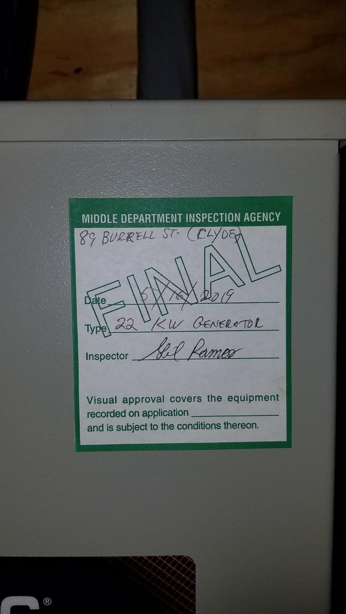 Generator Installation - Generator Installation, Clyde - Inspection Sticker