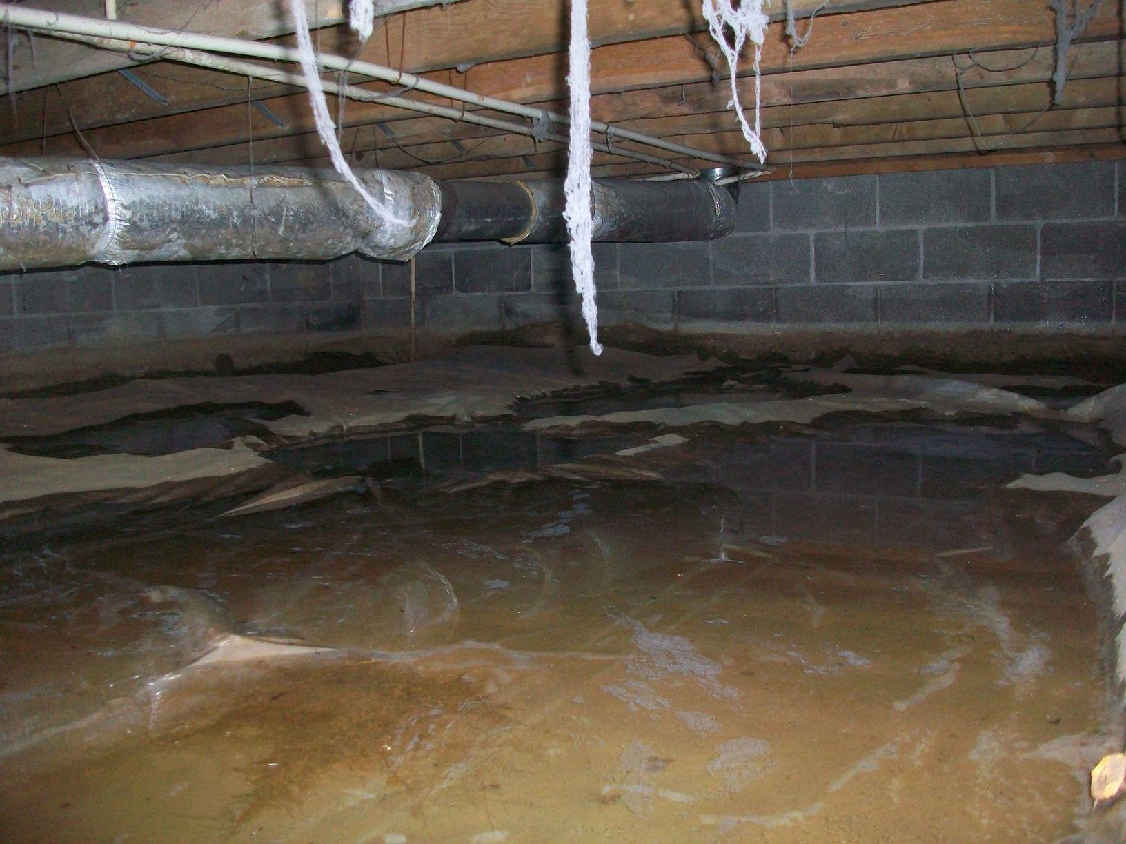 Crawl Space Repair - Cleanspace Vapor Barrier - Wet, dirty Crawlspace